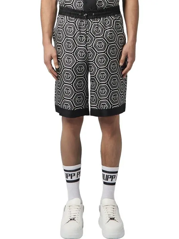 Philipp Plein Silk Monogrammed Drawstring Shorts - Black