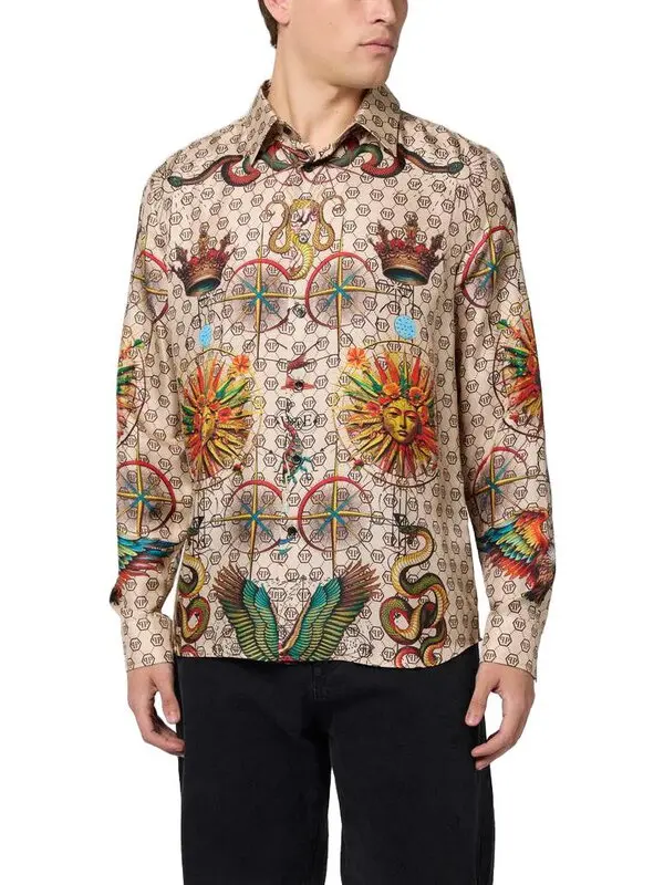 Philipp Plein Silk Pajamas Shirt Monogram Tattoo - Beige