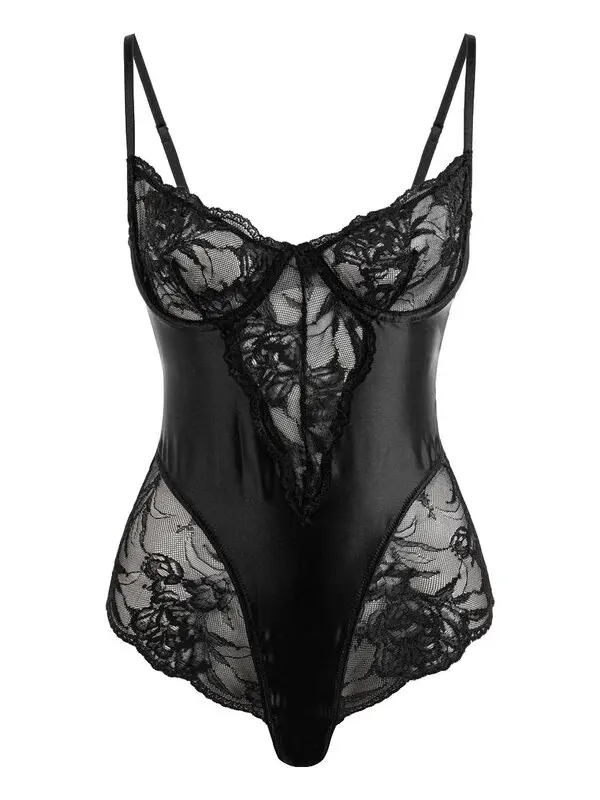 MERS SILK Eclipse Bodysuit With Lace And Sculpting Panels - Black