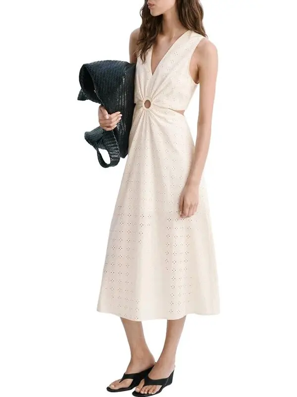 Mango Openwork Cotton Cutout Midi Dress - Ecru