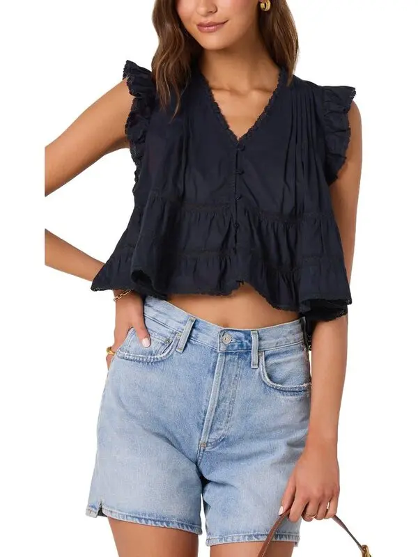Astr The Label Julie Flutter Sleeve Eyelet Cotton Top - Navy