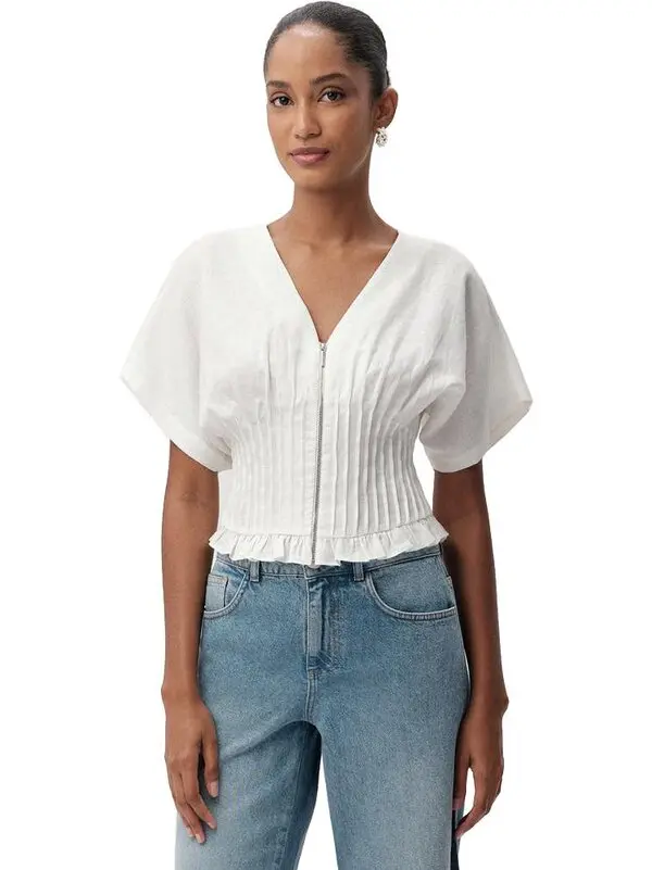 EXQUISE Cherelle Pleated Detail Linen Blouse - White