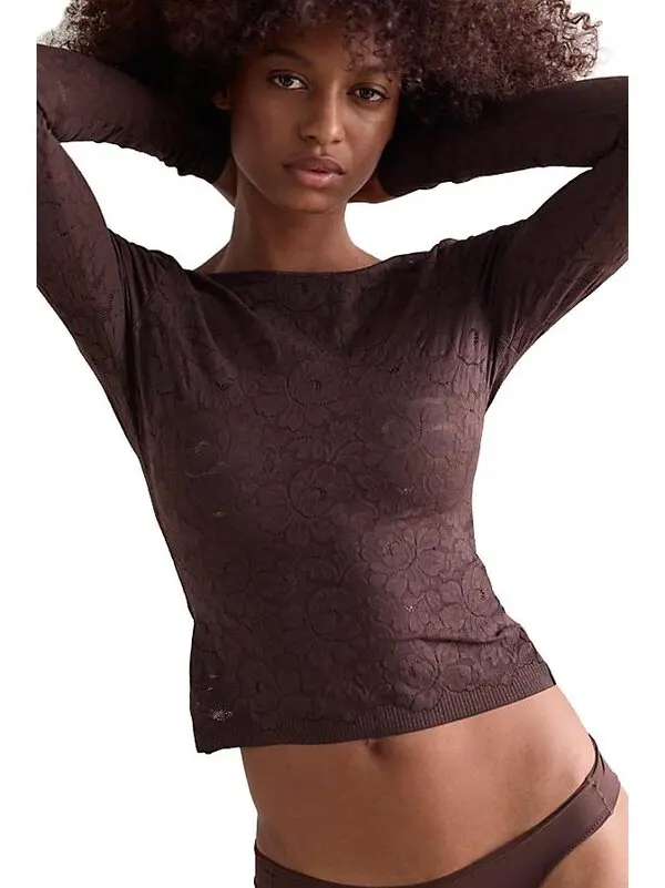 Free People Intimately Smooth Talking Lace Long Sleeve Top - Hot Fudge
