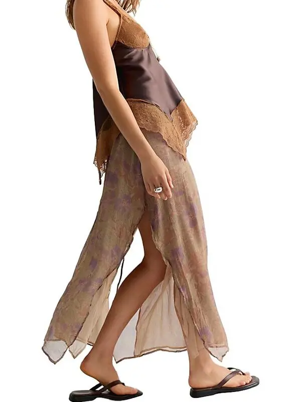 Free People Crinkle Printed Midi Skirt With Slits - Tan Combo