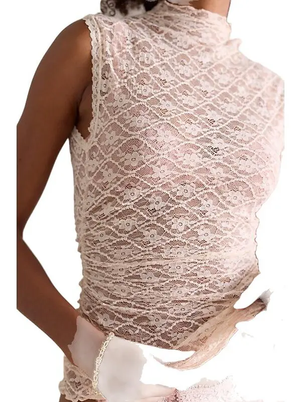 Free People Intimately Pretty Problem Mock Neck Lace Tank - Pink Shell
