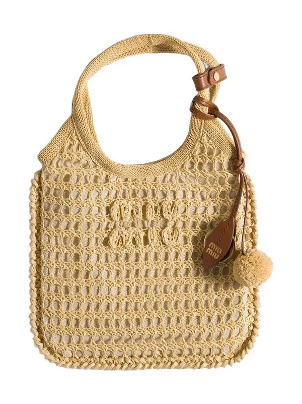 Miu Miu Beige Crochet Raffia Handbag With Embroidered Logo And Leather Details - Cream