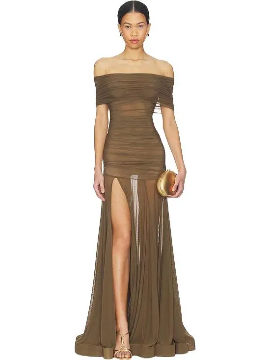 BRONX BANCO Off Shoulder Sheer Maxi Dress - Khaki