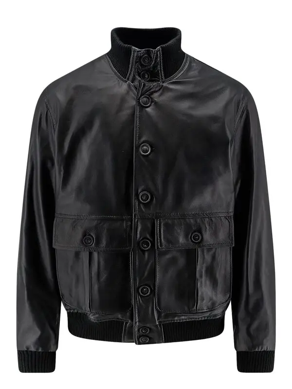 DFOUR Leather Bomber Jacket With Button Closure And Ribbed Trim - Black