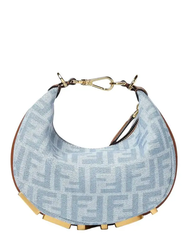 Fendi Mini Baguette Bag In Allover Ff Logo Denim - Blue