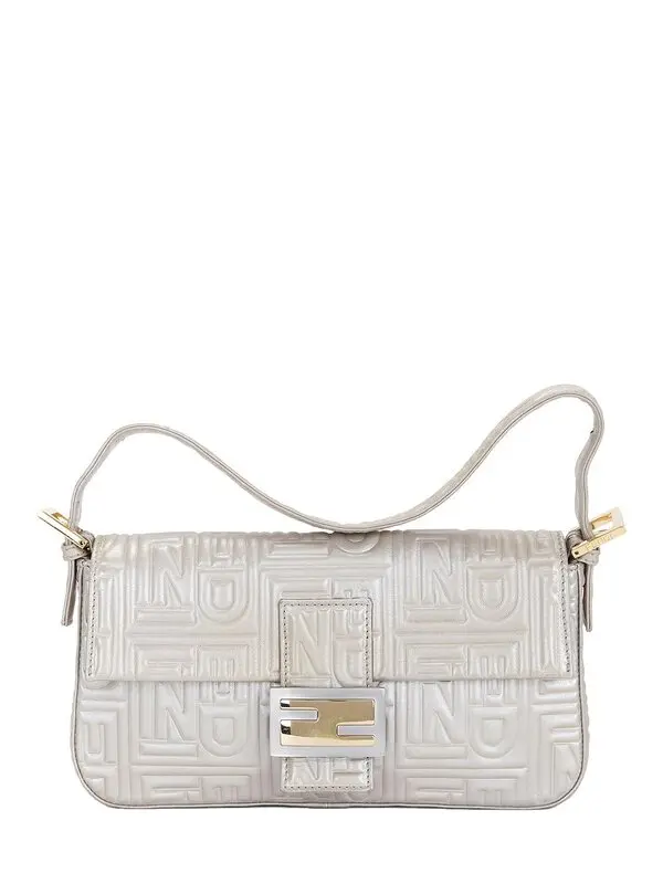 Fendi Embossed Logo Baguette Shoulder Bag - Silver