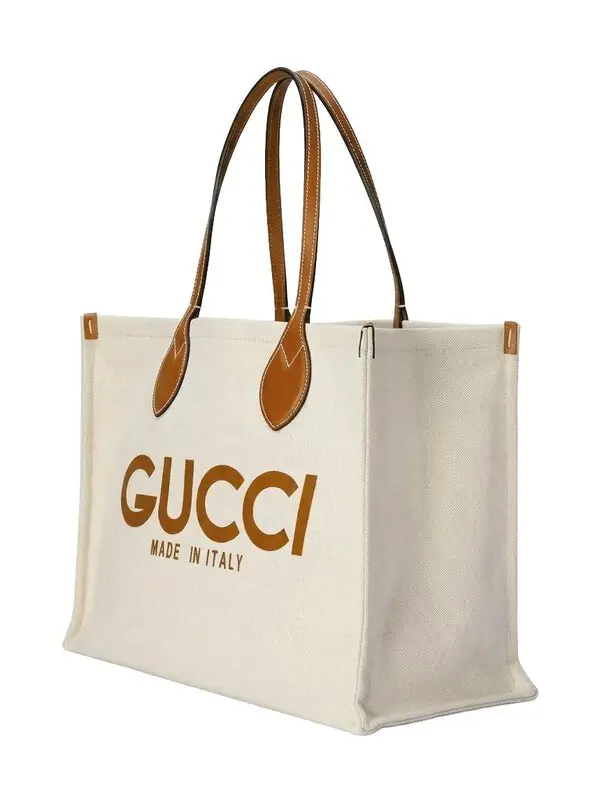 Gucci Logo Printed Medium Tote Bag - Beige