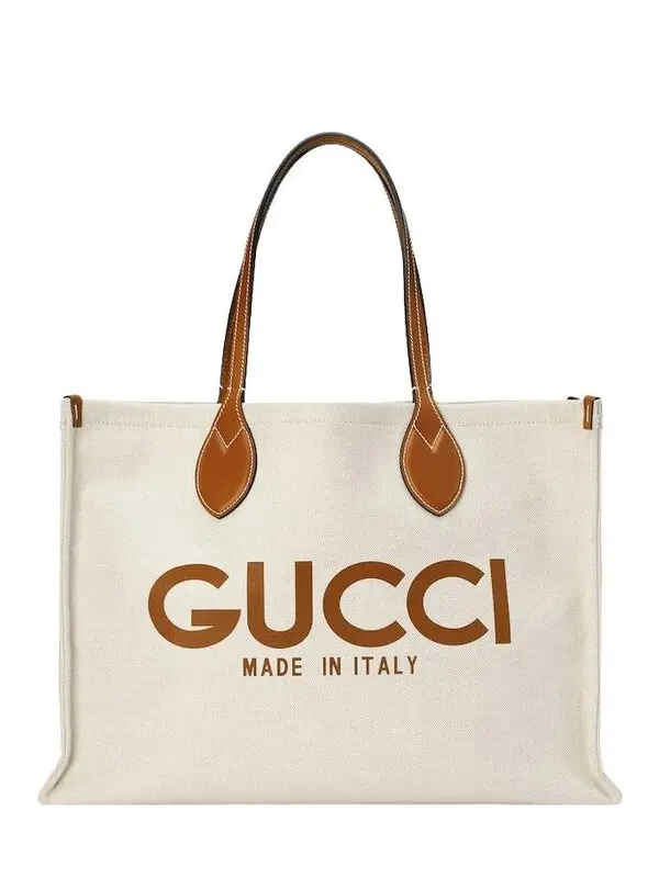 Gucci Logo Printed Medium Tote Bag - Beige
