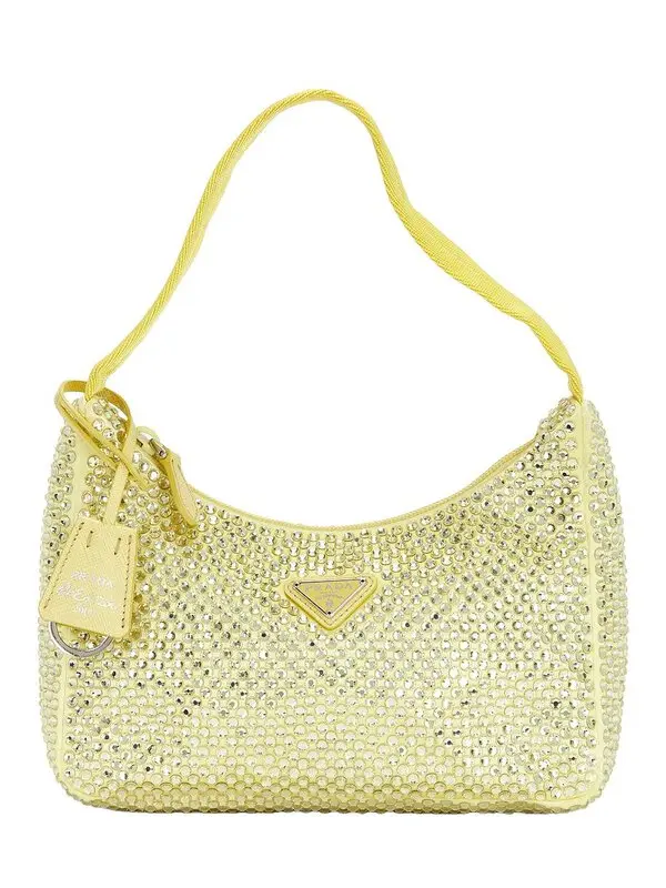 Prada Satin Crystal Mini Re-edition 2000 Shoulder Bag - Yellow