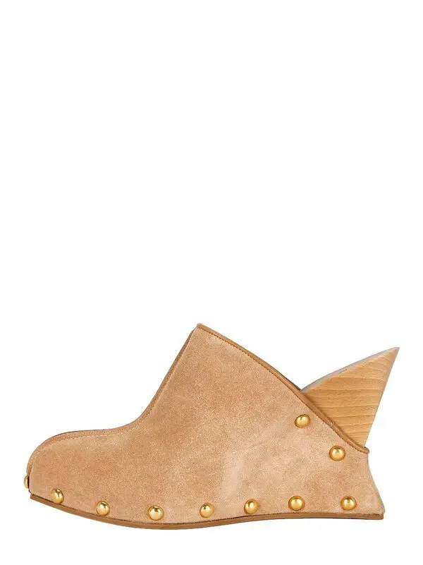 Balmain Suede Wedge Clogs With Gold Studs - Biscuit