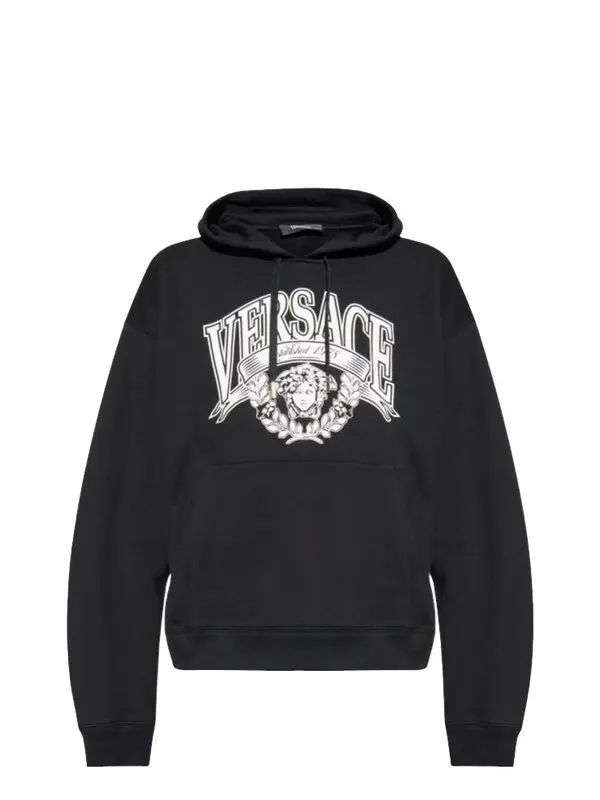 Versace Logo Printed Drawstring Hoodie - Black