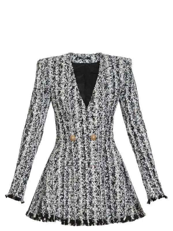 Balmain Two-tone Flared Tweed Dress - Gray