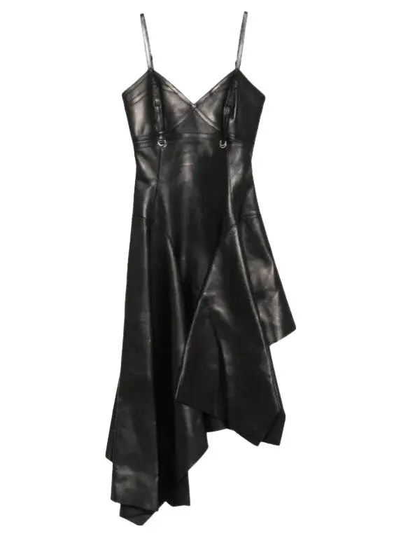 Alexander McQueen Asymmetrical Leather Dress With V-neck And Thin Straps - Black