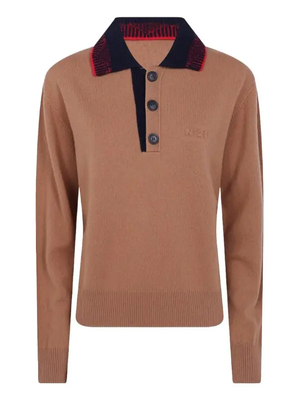 N.21 Long Sleeve Knitted Polo Shirt - Suede