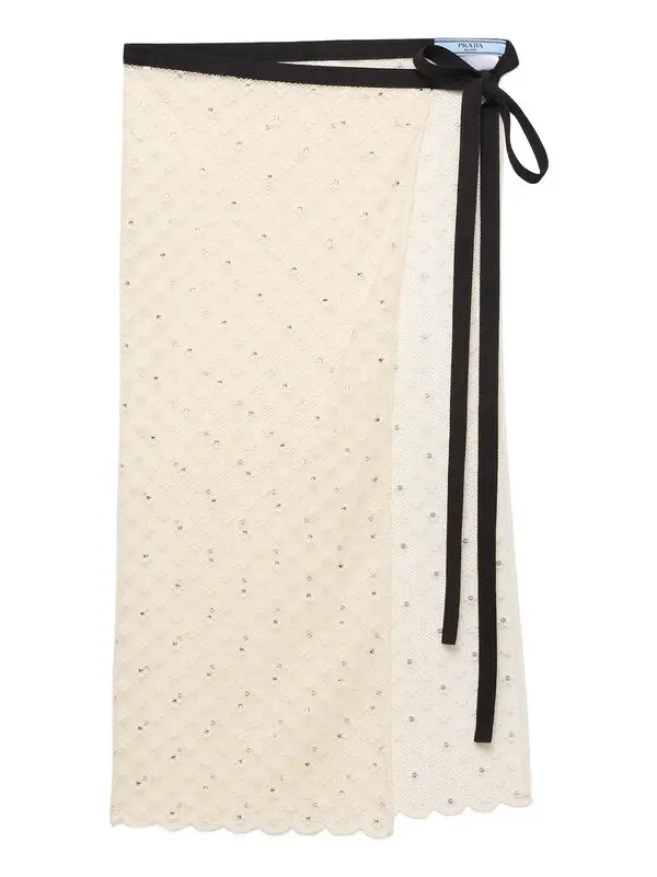 Prada Embroidered Lace Apron With Stone Motif - Neutral