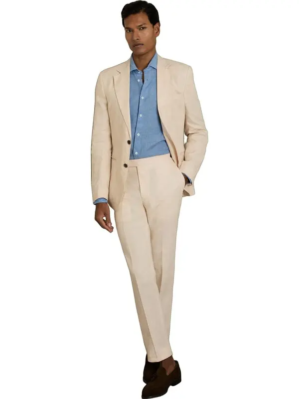 REISS Kin Tailored Fit Linen Trousers - Stone
