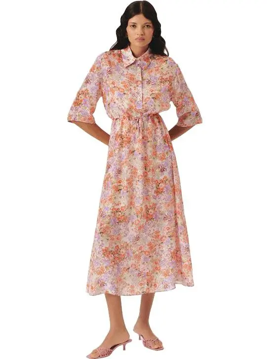 EXQUISE Maliyah Midi Dress With Shirt Collar - Orange Patterned