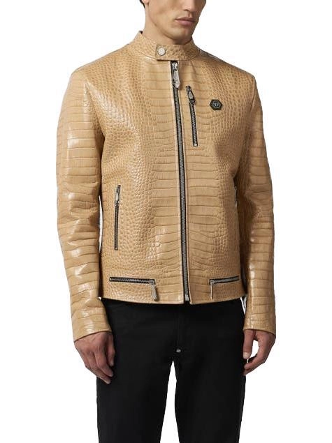Philipp Plein Leather Moto Jacket With Croco-print And Metal Trims - Beige