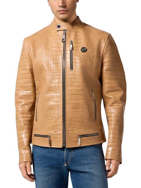 Philipp Plein Leather Moto Jacket With Croco-print And Metal Trims - Beige