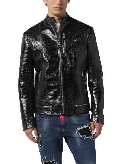Philipp Plein Leather Moto Jacket With Croco-print And Metal Trims - Black