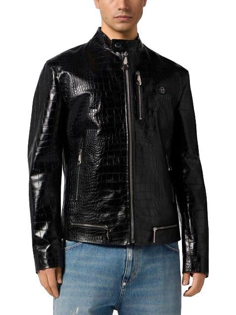Philipp Plein Leather Moto Jacket With Croco-print And Metal Trims - Black