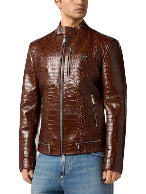 Philipp Plein Leather Moto Jacket With Croco-print And Metal Trims - Brown