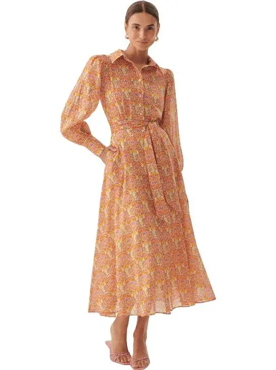 EXQUISE Allison Midi Dress With Shirt Collar - Multi Color