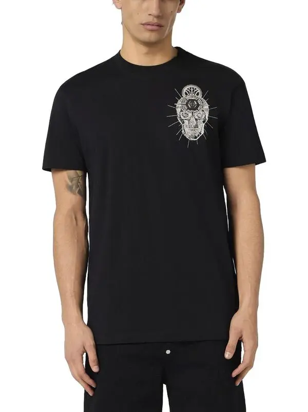 Philipp Plein Round Neck T-shirt Chest Embroidery Skull - Black