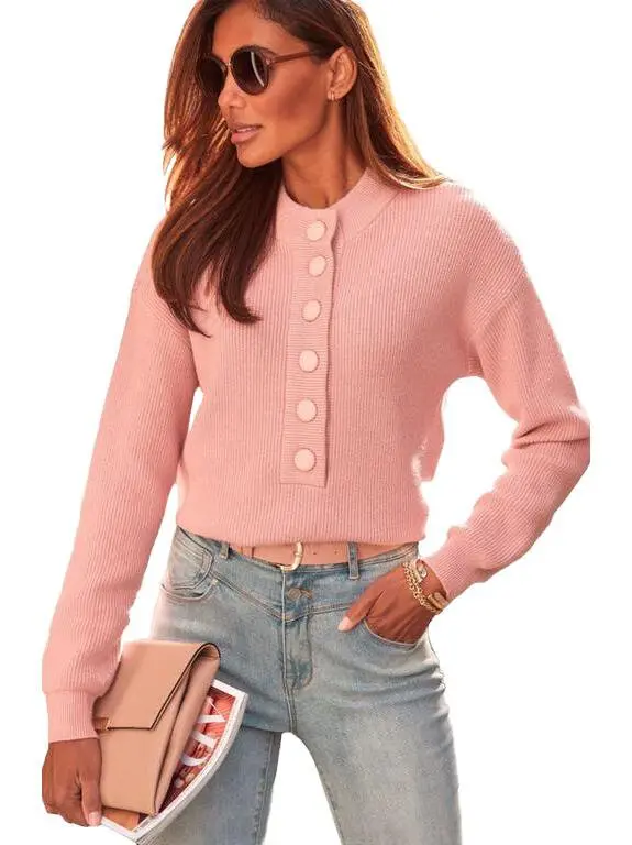 LASCANA Ribbed Button-up Mock Neck Sweater With Dropped Shoulders - Mauve