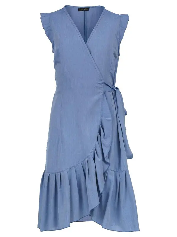 CONQUISTA Sleeveless Denim Tencel Poplin Ruffled Wrap Dress - Blue