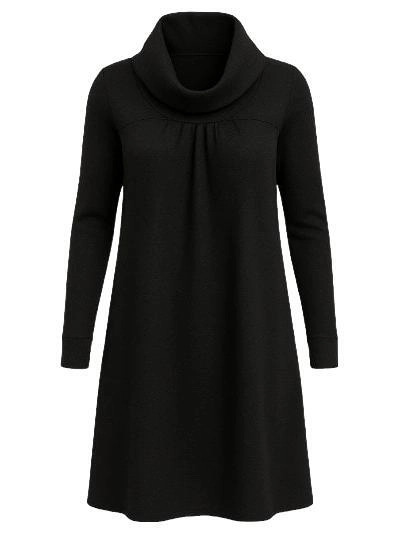 CONQUISTA Long Sleeve A-line Knit Dress With Wide Collar And Pleated Detail - Black