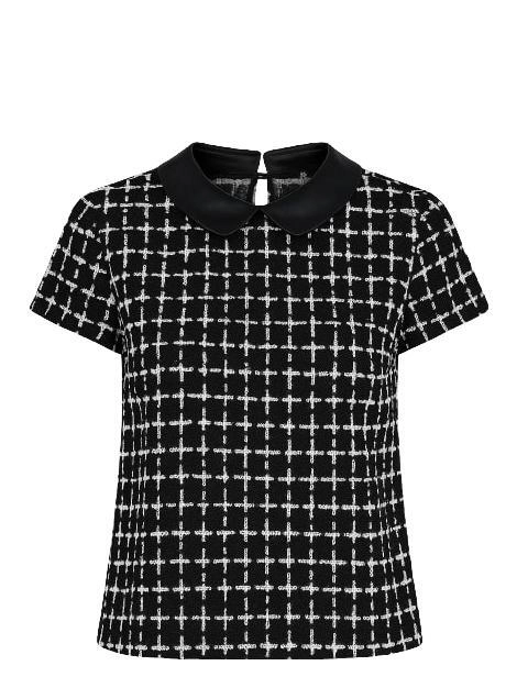 CONQUISTA Short Sleeve Allover Print Top With Leather Look Collar - Black