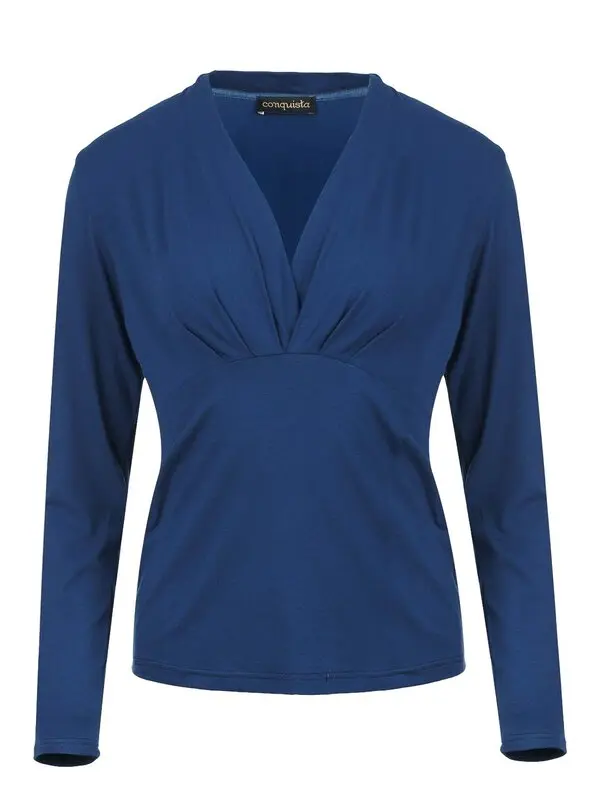 CONQUISTA Long Sleeve Faux Wrap Top In Stretch Jersey - Blue