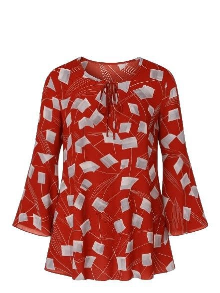 CONQUISTA Loose Fit Printed Bell Sleeve Top - Red