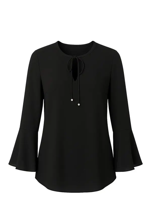 CONQUISTA Flounce Sleeve Top With Front Ties - Black