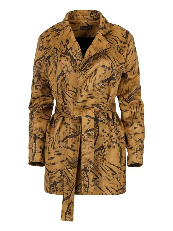 CONQUISTA Suede-look Printed Belted Jacket - Brown