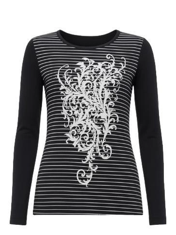 CONQUISTA Striped Long Sleeve Tee With Abstract Floral Print - Black