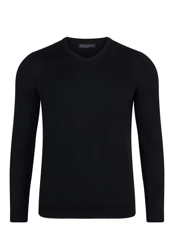 PAUL JAMES KNITWEAR Extra Fine Merino Wool Chester V-neck Jumper - Black