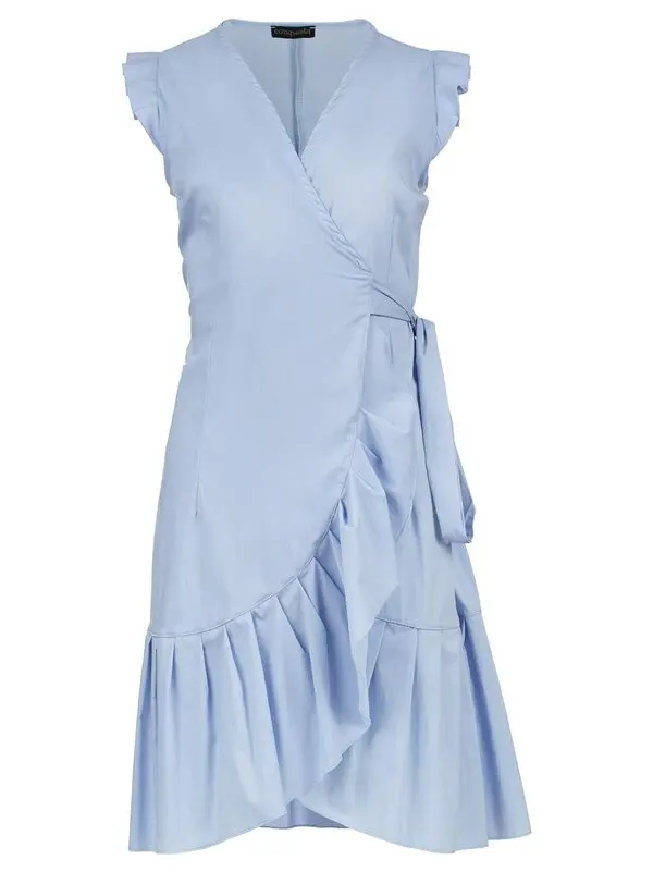 CONQUISTA Sleeveless Ruffled Wrap Dress In Cotton Poplin - Blue