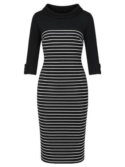 CONQUISTA Fitted Winter Dress In Striped Rib Knit - Black