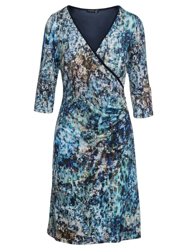 CONQUISTA Print Jersey Faux Wrap Dress With ¾ Sleeves - Blue
