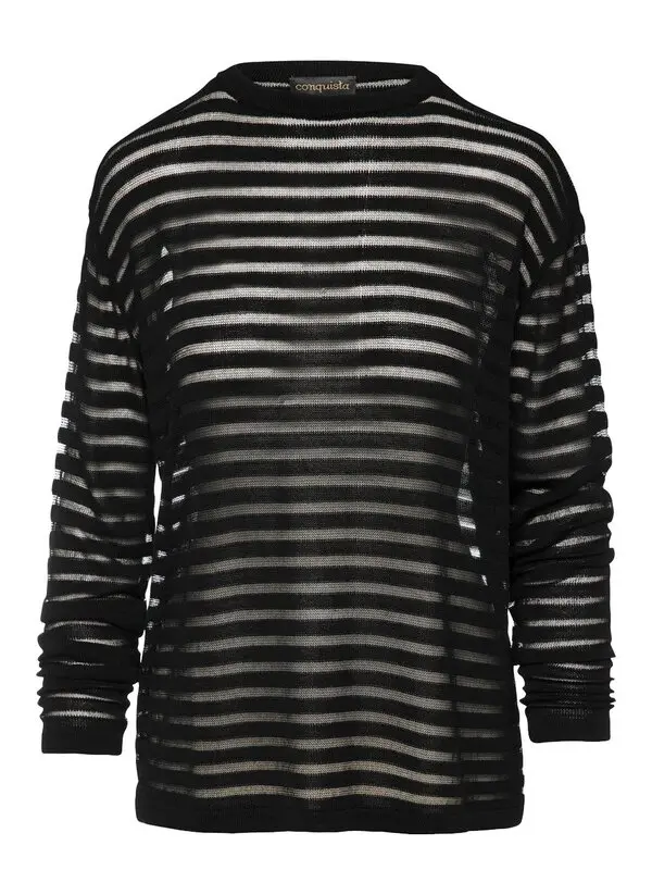 CONQUISTA Long Sleeve Knit Top With Semi-sheer Stripes - Black