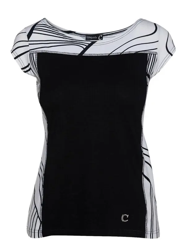 CONQUISTA Two-tone Cap Sleeve Printed Top - Black