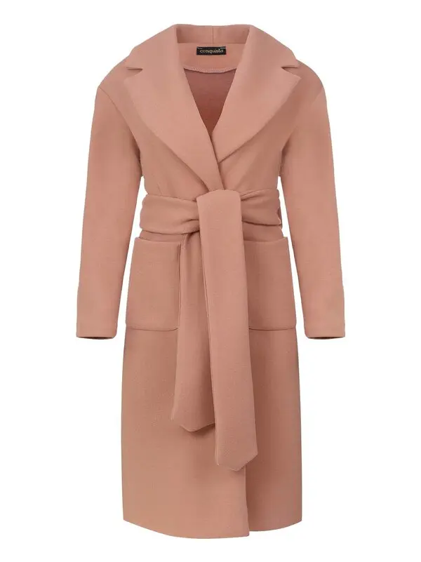 CONQUISTA Long Faux Mouflon Coat With Belt - Pink