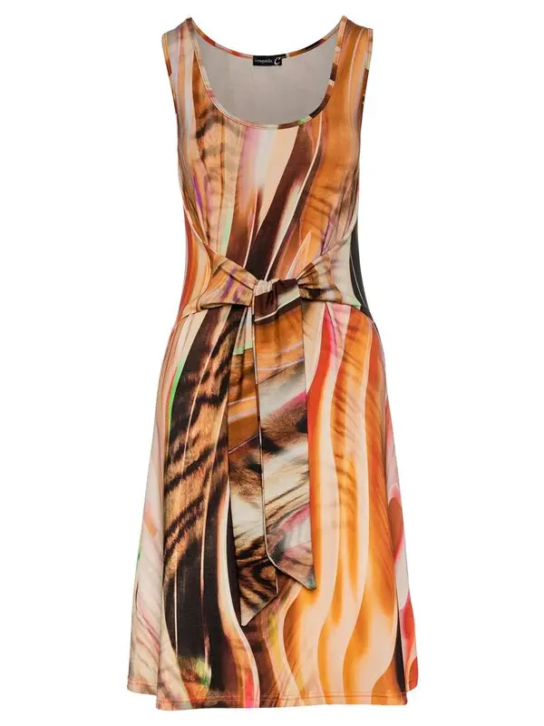 CONQUISTA Sleeveless Print Dress With Tie Waist - Brown