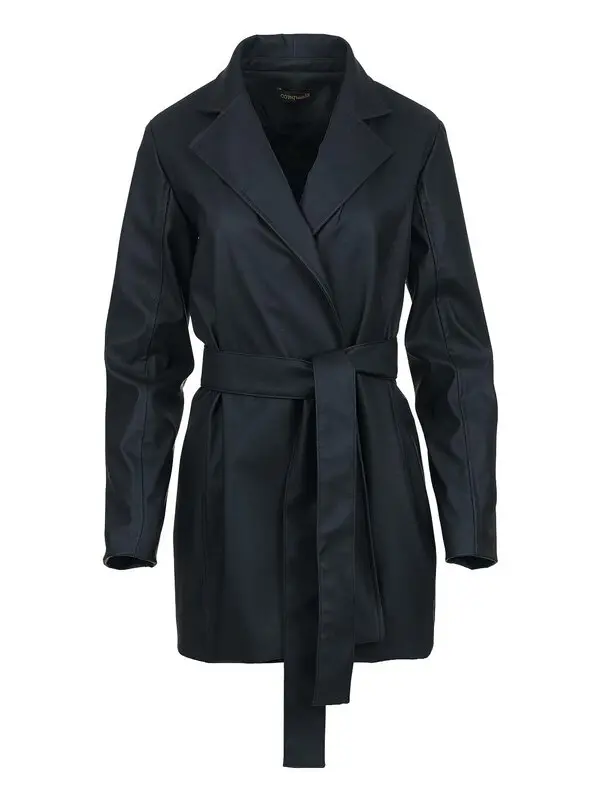 CONQUISTA Faux Leather Belted Jacket - Black